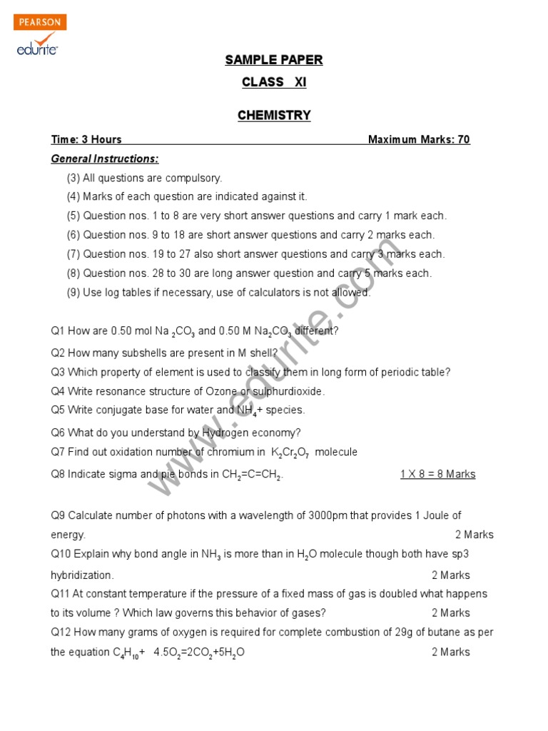 Cbse Class 11 Chemistry Sample Paper | Chemical Reactions | Gases