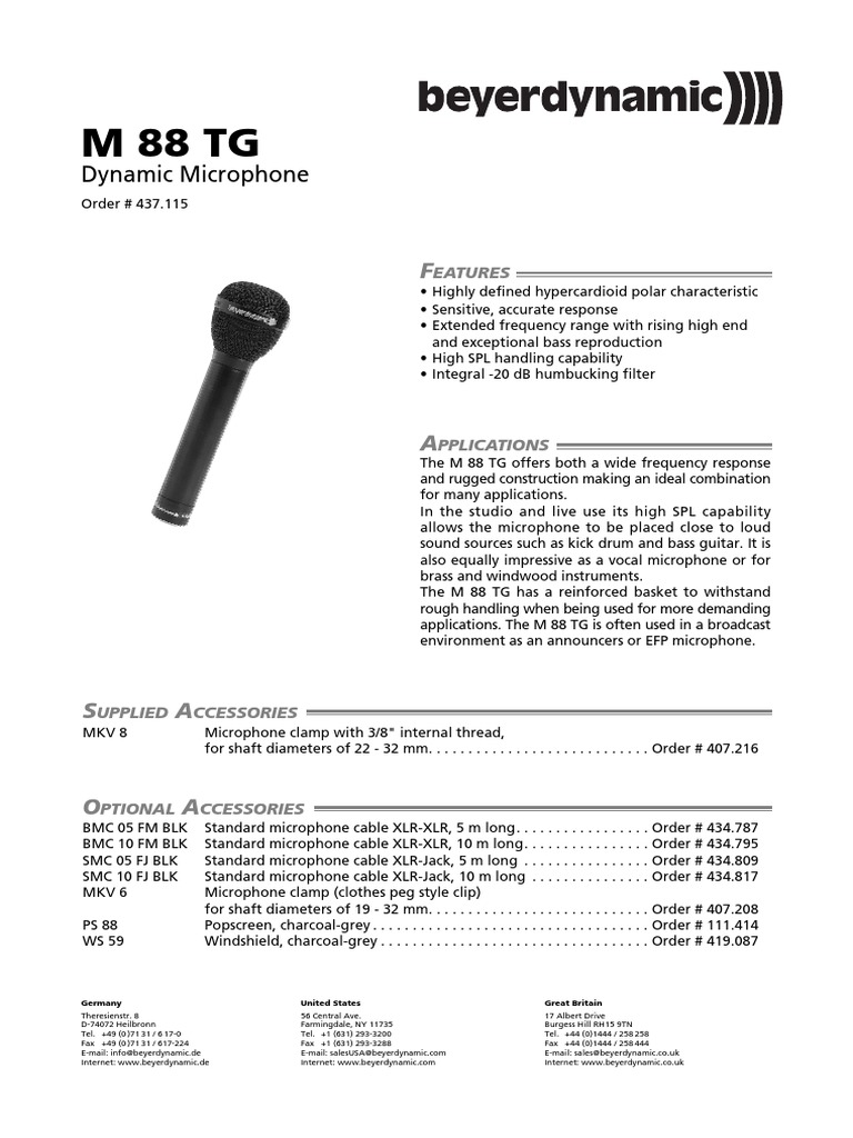m88 microphone data sheet | Microphone | Manufactured Goods