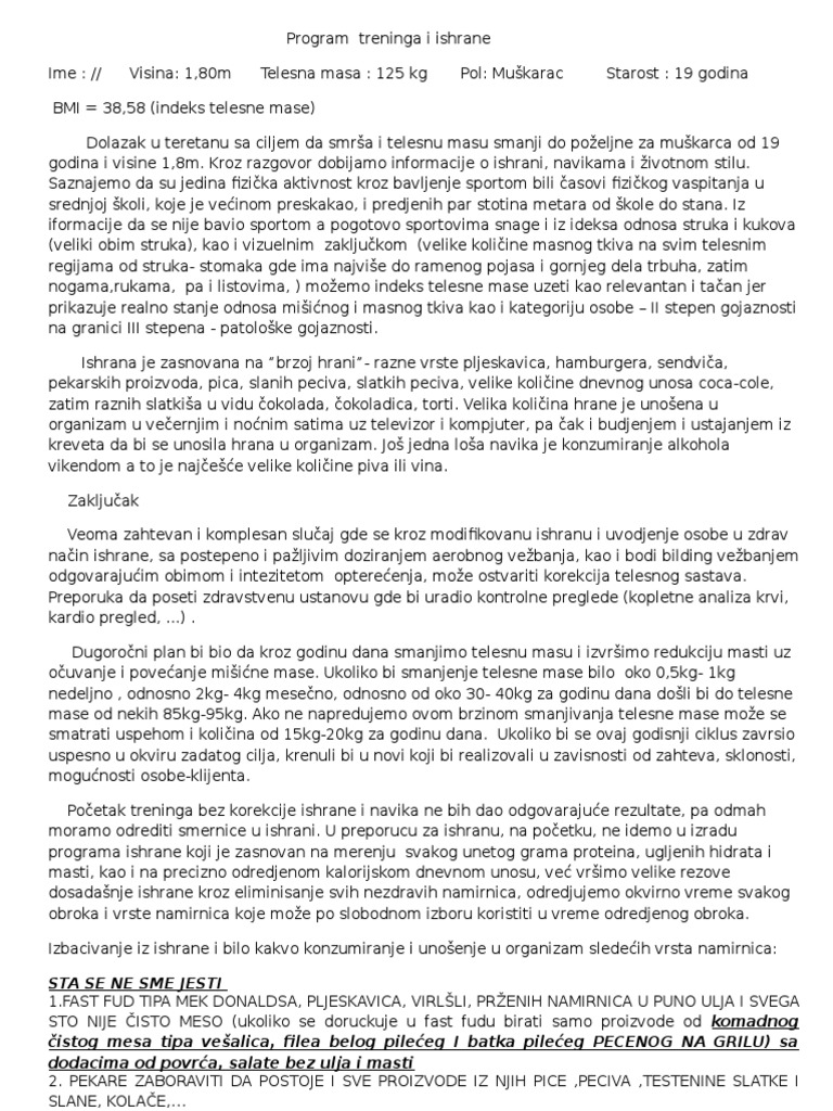 Plan Treninga i Ishrane za Mršavljenje | PDF
