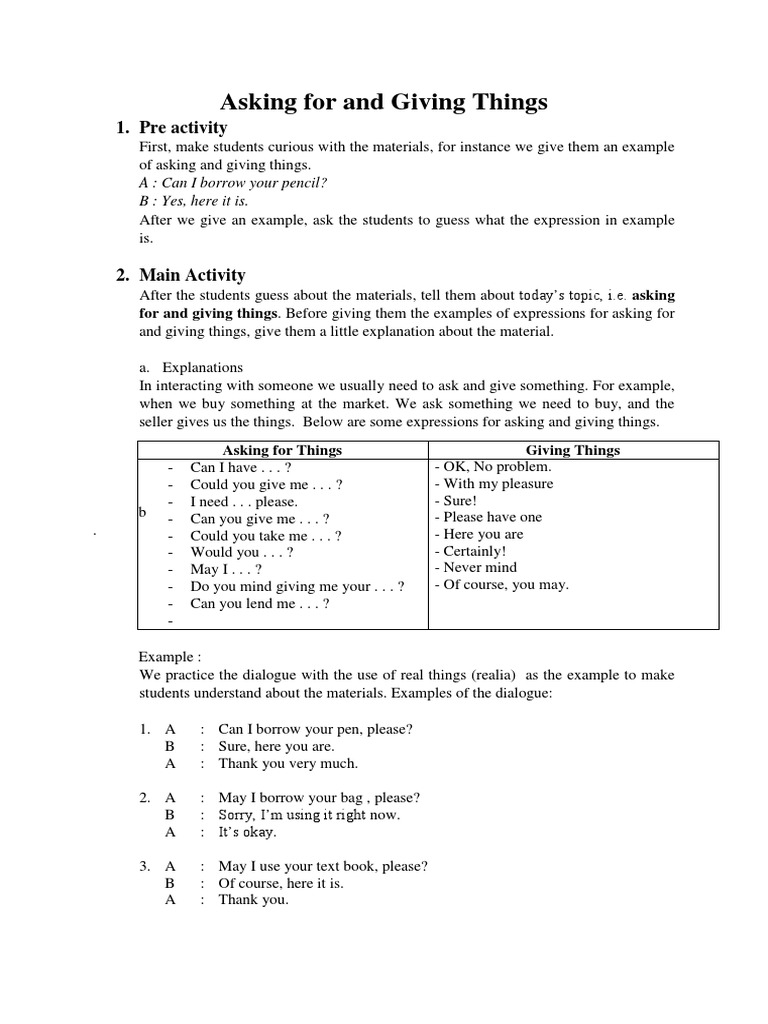 Asking and Giving: Classroom Activities | PDF | Behavior Modification ...
