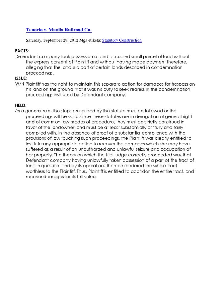 Tenorio v. Manila Railroad Co. Case Summary | PDF | Law