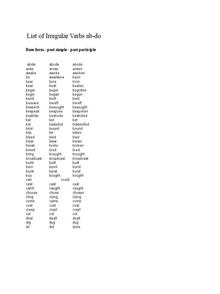 Irregular Verbs List A-B | PDF