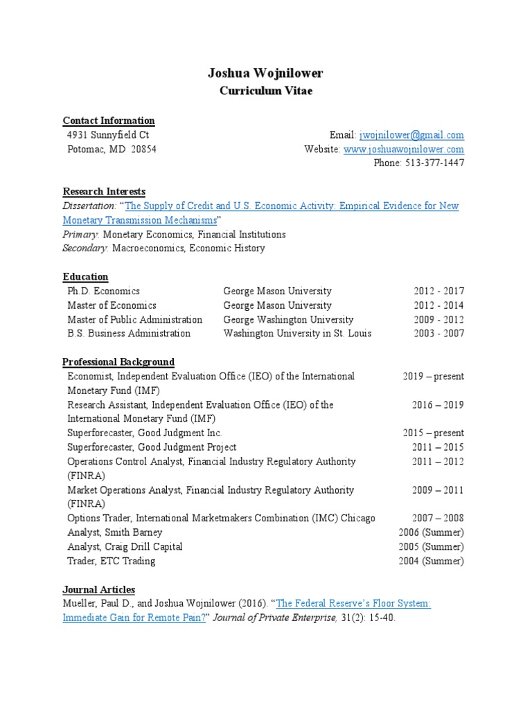 Joshua Wojnilower CV | PDF | Mercatus Center | International Monetary Fund