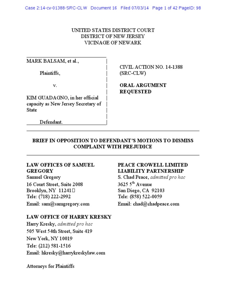 Brief in Opposition To Defendant's Motion To Dismiss New Jersey Lawsuit ... Brief in Opposition To Defendant's Motion To Dismiss New Jersey Lawsuit ...