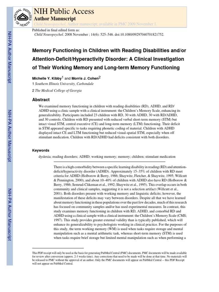 Memory Functioning in Children With Reading Disabilities Andor Attention Deficithyperactivity ...