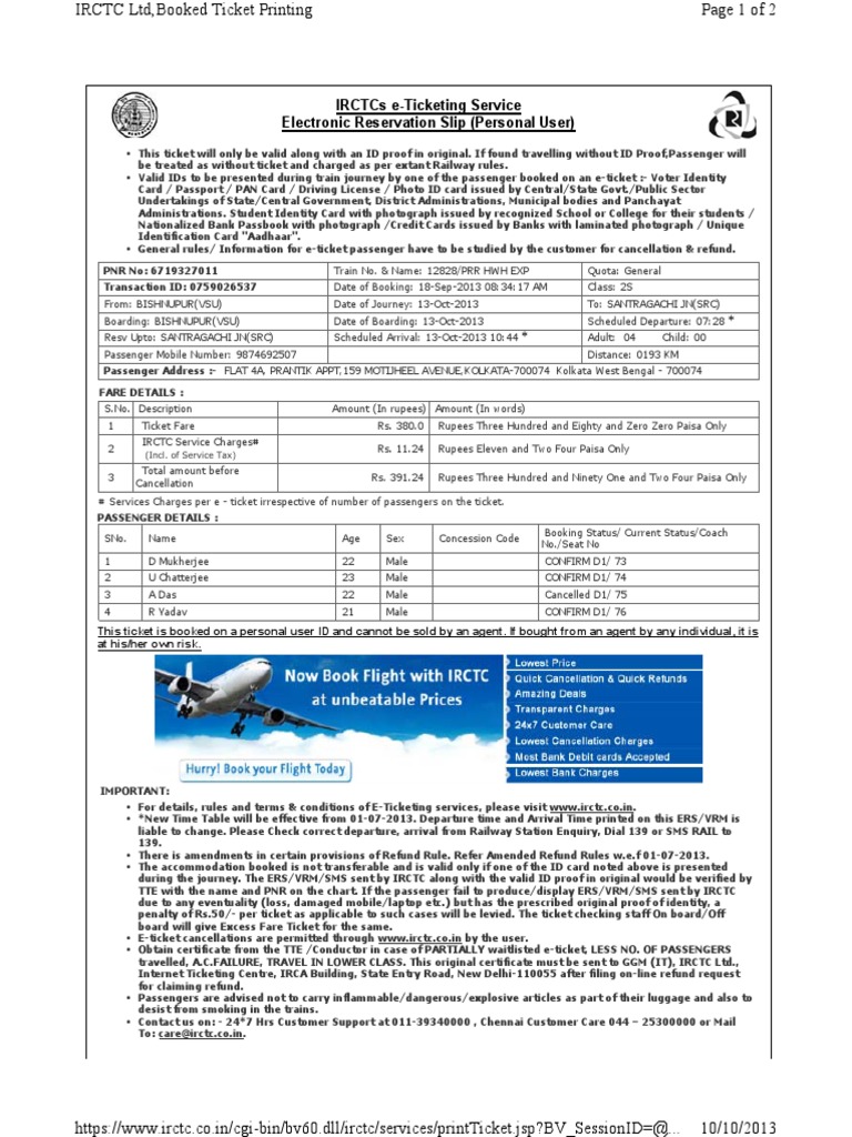 Electronic Reservation Slip and Important Travel Information for PNR ...
