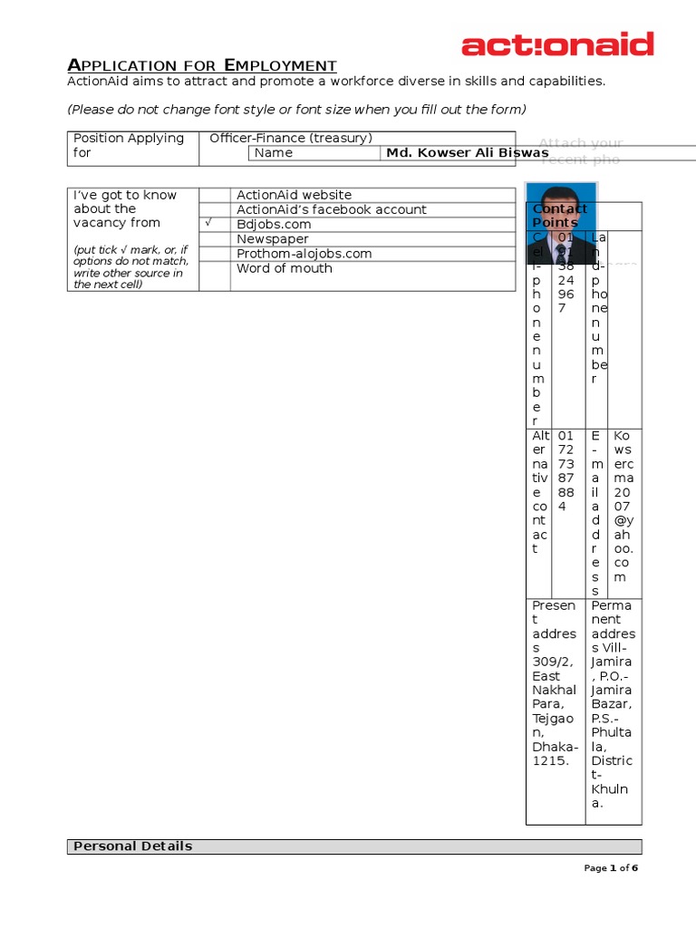 Action Aid Application Form | PDF | Business
