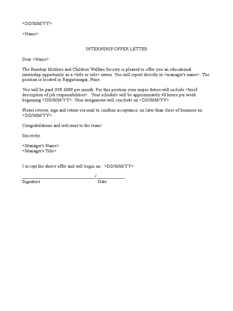 Internship Offer Letter Template | PDF | Career & Growth
