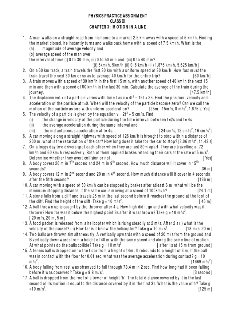 Motion in A Straight Line Assignment | PDF | Speed | Parachute