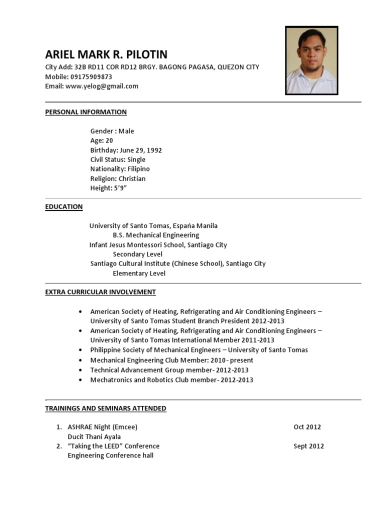 Mechanical Engineer Resume Ariel Mark Pilotin | PDF | University ...