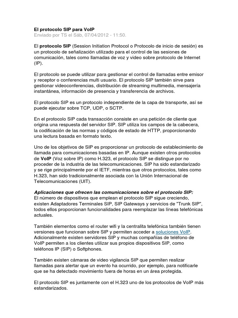 El Protocolo SIP para VoIP | PDF | protocolo de Iniciacion de Sesion | Transmisión de datos