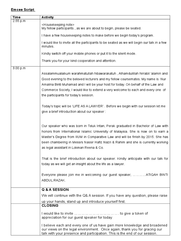 Emcee Script: Time Activity | PDF