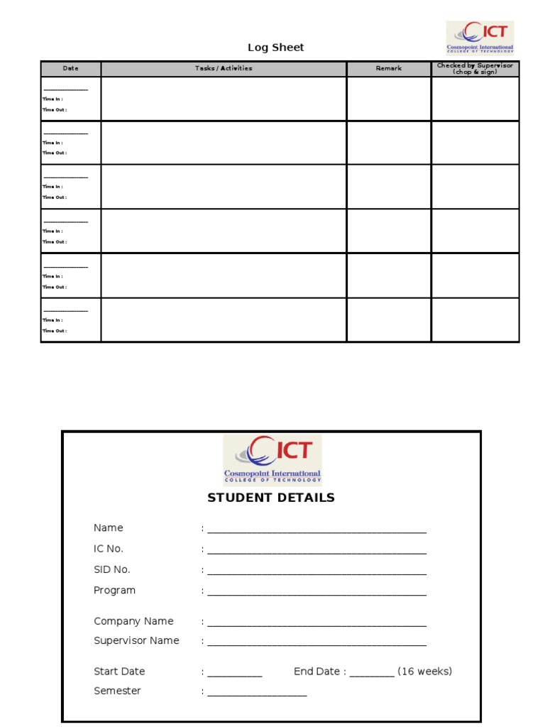 Log Sheet: Date Tasks / Activities Remark Checked by Supervisor (Chop ...