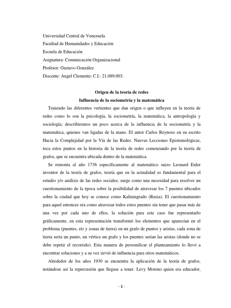 Orígenes de la Teoría de Redes Sociales | PDF | Teoría de grafos ...
