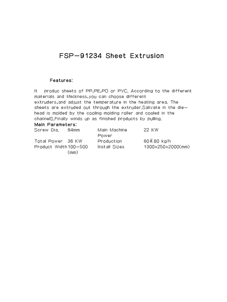 FSP-91234 Sheet Extrusion Machine Specs | PDF