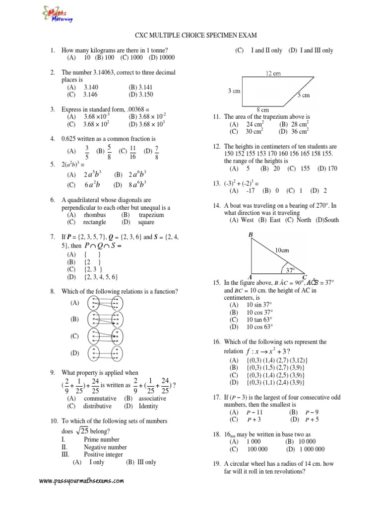 CXC Maths Multiple Choice Practice | PDF | Rectangle | Geometry