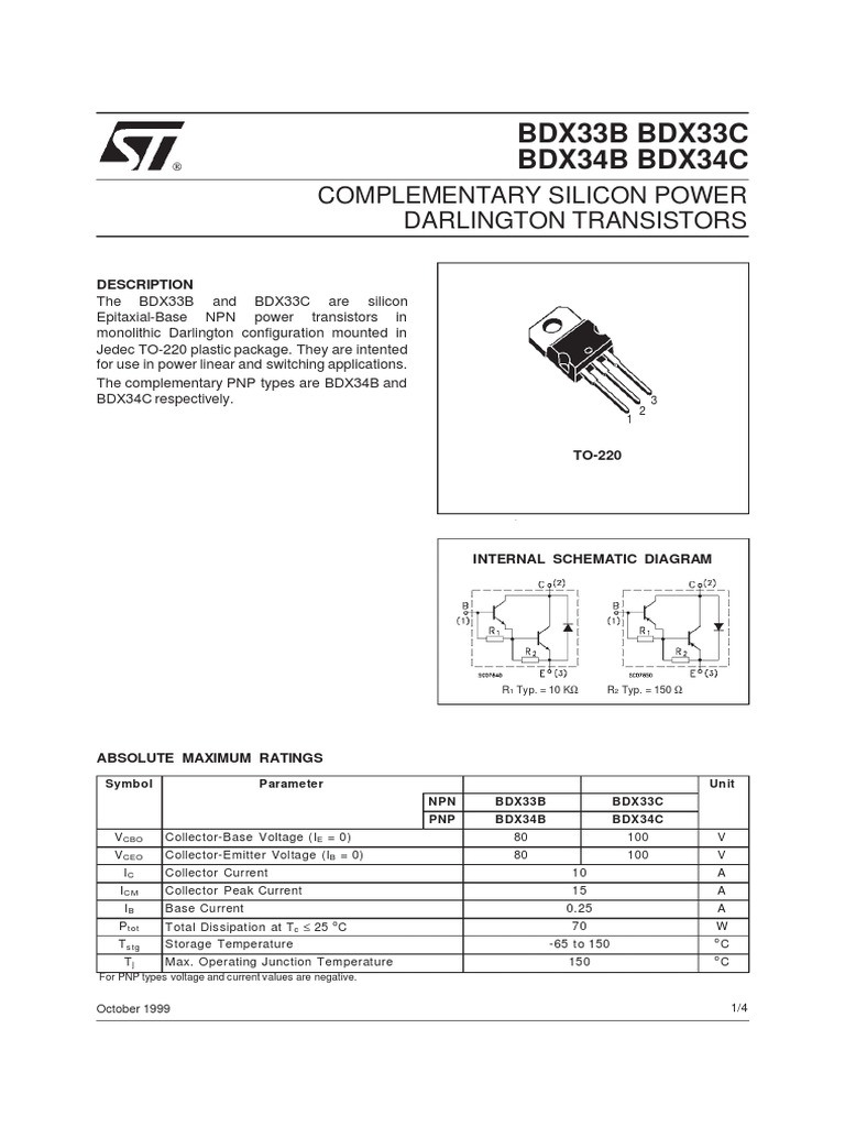 Bdx33B Bdx33C Bdx34B Bdx34C: Complementary Silicon Power Darlington Transistors | PDF | Bipolar ...