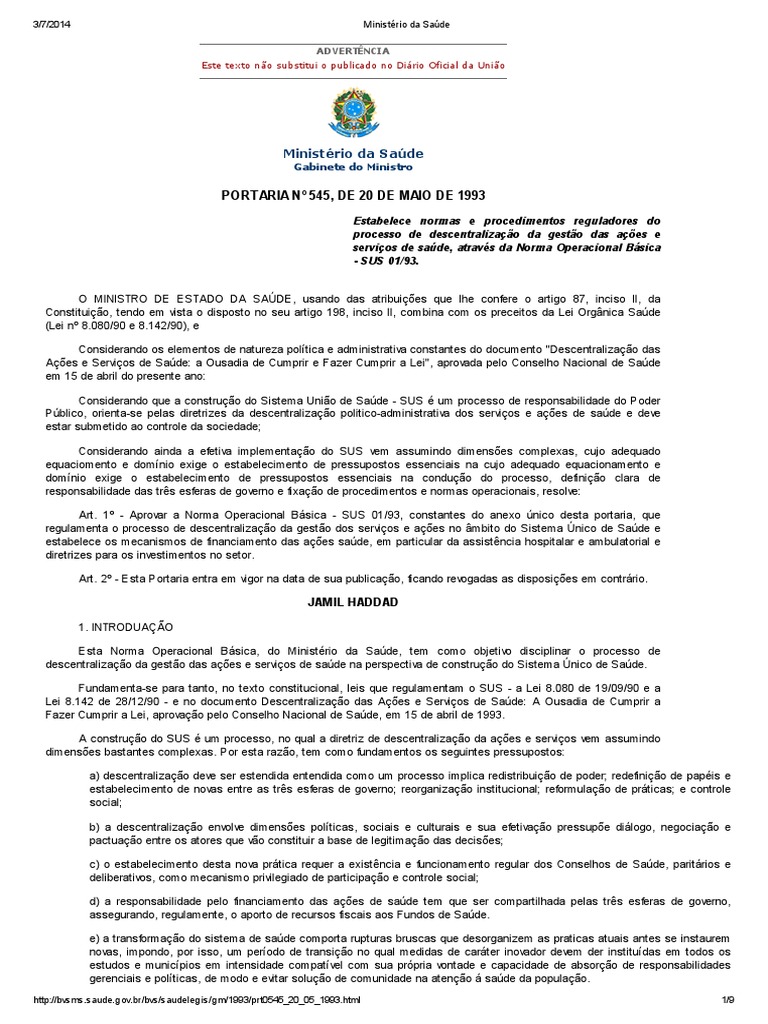 Norma Operacional Básica Do SUS NOB SUS 0193 | PDF | Ministério (departamento governamental ...