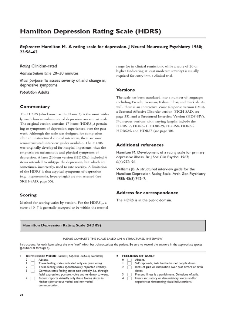Hamilton Depression Rating Scale (HDRS) | PDF | Major Depressive ...