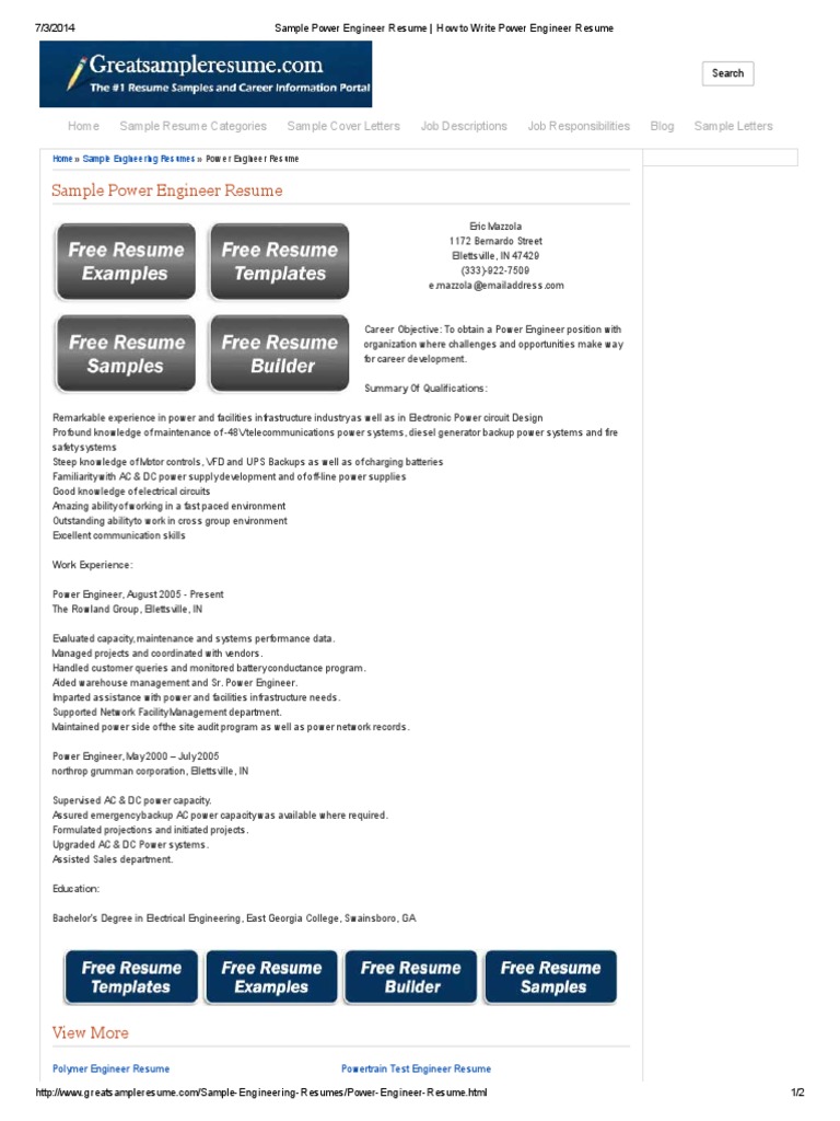 Sample Power Engineer Resume | PDF | Electric Power System | Engineer