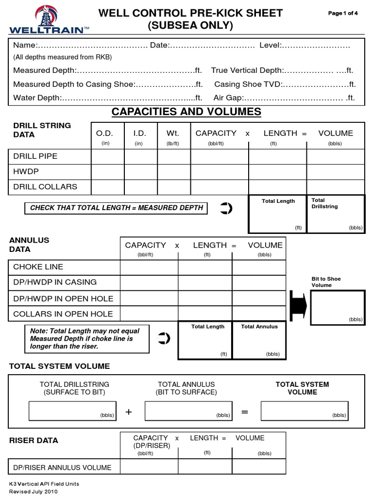 IWCF Subsea Vertical Kill Sheet - API Field Units - Revised July 2010 | PDF