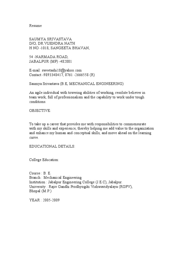 Resume Saumya Srivastava D/o, DR - Vijendra Nath H No - 1018, Sangeeta | PDF | Behavior ...