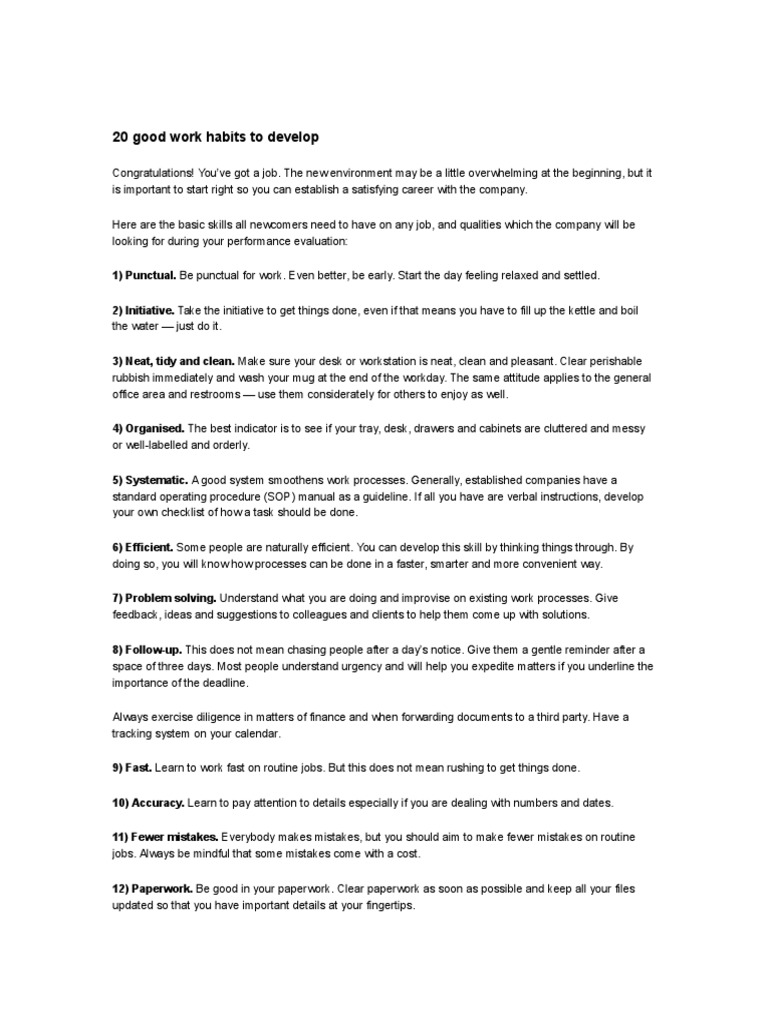 20 Good Work Habits To Develop | PDF | Behavioural Sciences | Psychology