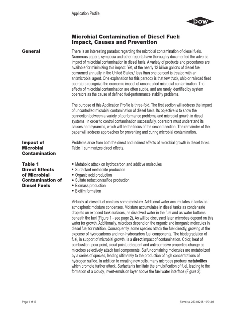 Microbial Contamination of Diesel Fuel: Impact, Causes and Prevention | PDF