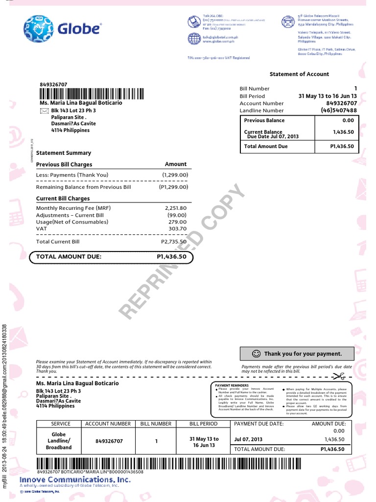 Reprinted Copy: Statement of Account 1 31 May 13 To 16 Jun 13 849326707 ...