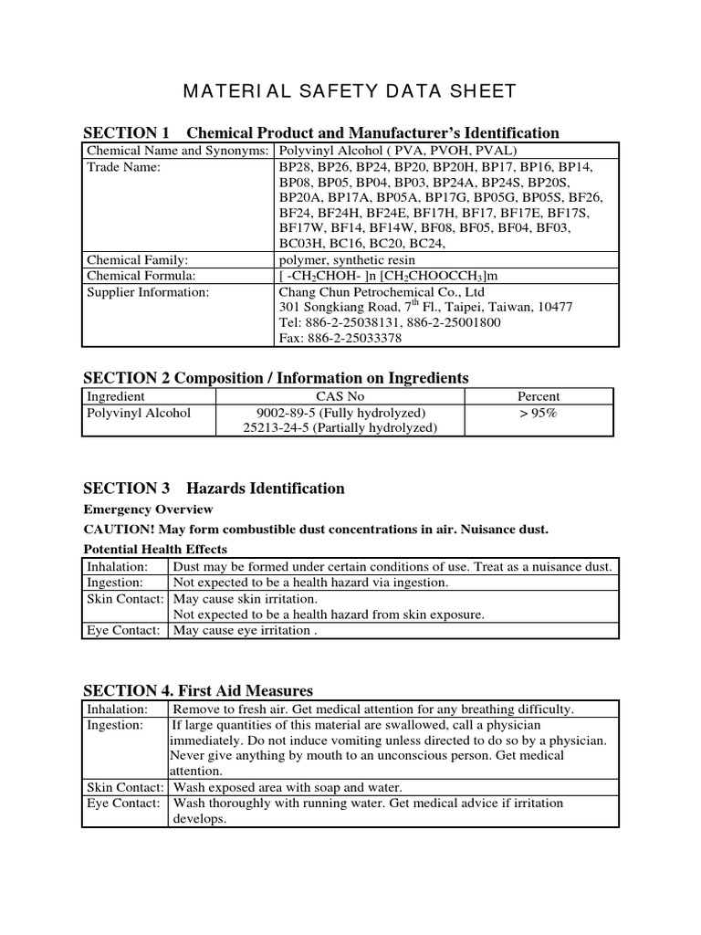 MSDS For PVA 2 | PDF | Toxicity | Combustion