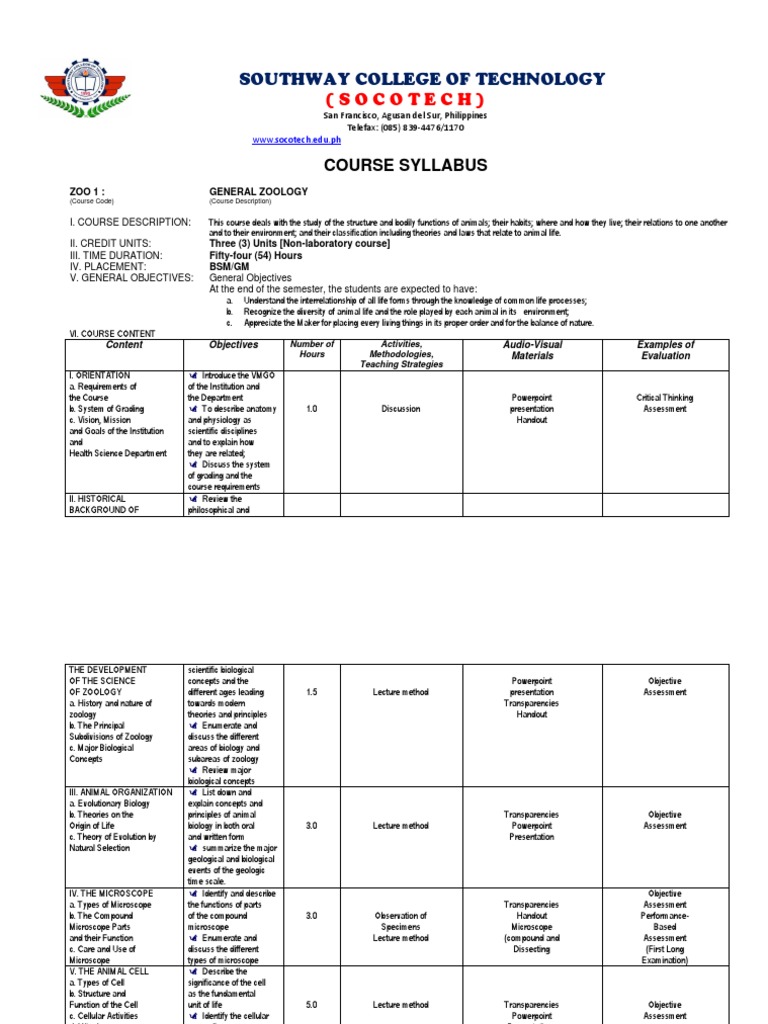 General Zoology Syllabus | PDF | Zoology | Biology