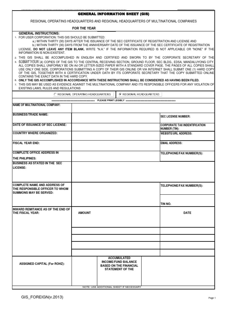 Guidelines for Completing the General Information Sheet for Regional ...