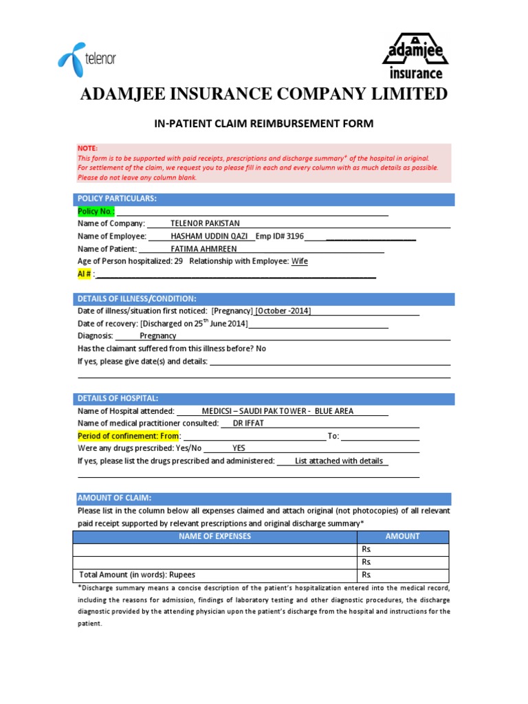 Adamjee in-Patient Claim Reimbursement Form | Patient | Medical ...
