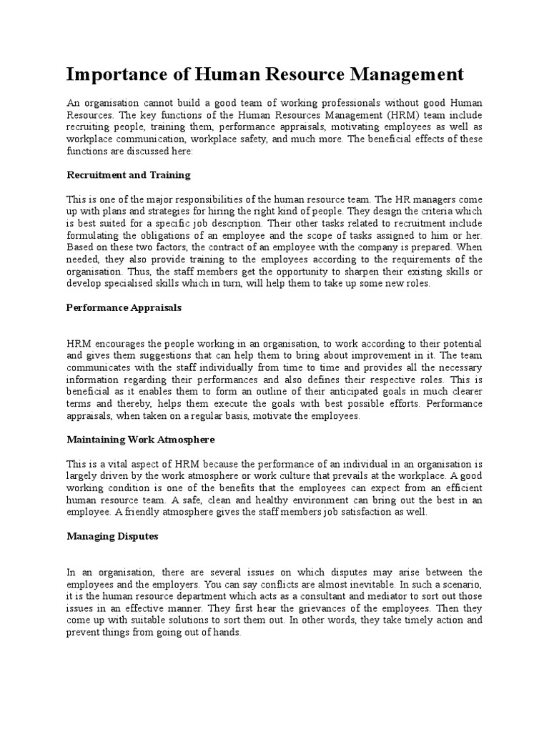 Importance of Human Resource Management | PDF | Human Resource ...