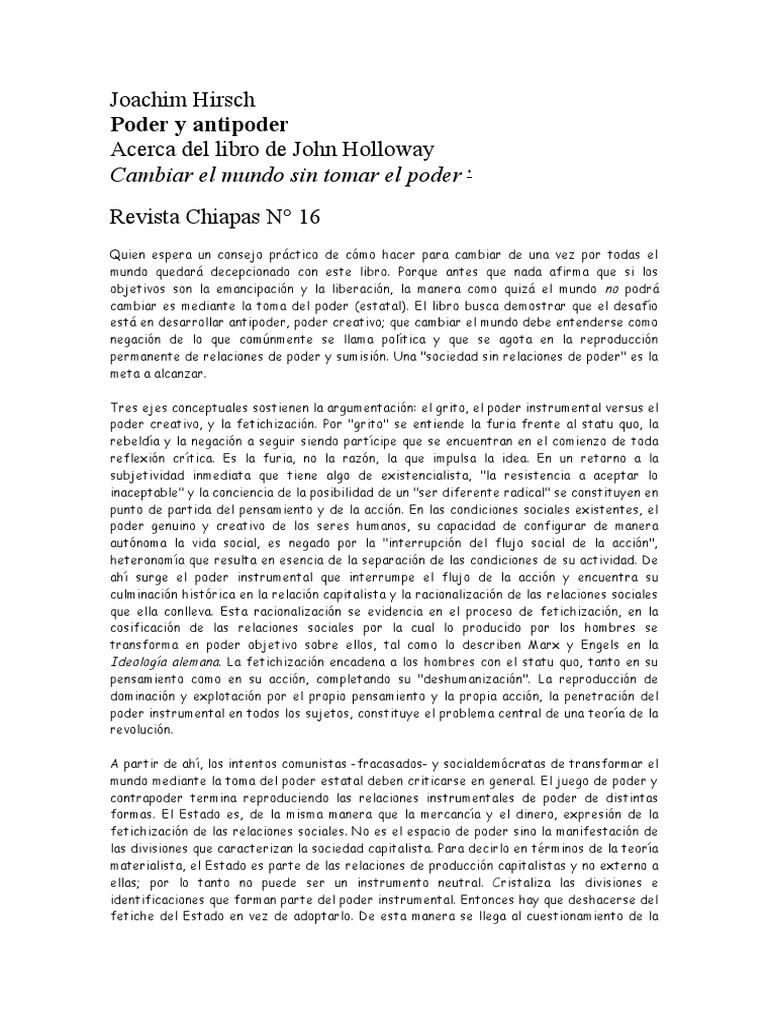 Joachim Hirsch Sobre El Libro de Holloway | PDF | Capitalismo | Esencia
