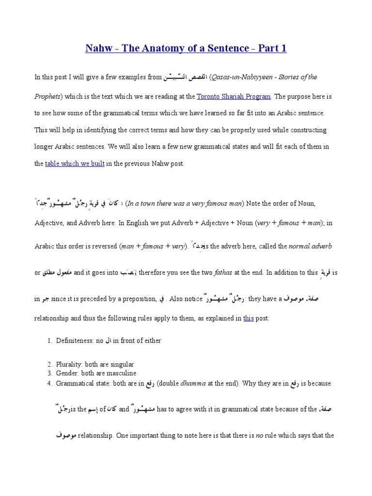 Nahw The Anatomy of A Sentence Part 1 | PDF | Grammatical Gender | Phrase