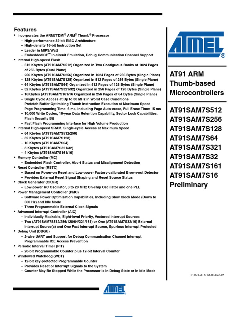 AT91SAM7S Datasheet | PDF | Microcontroller | Arm Architecture