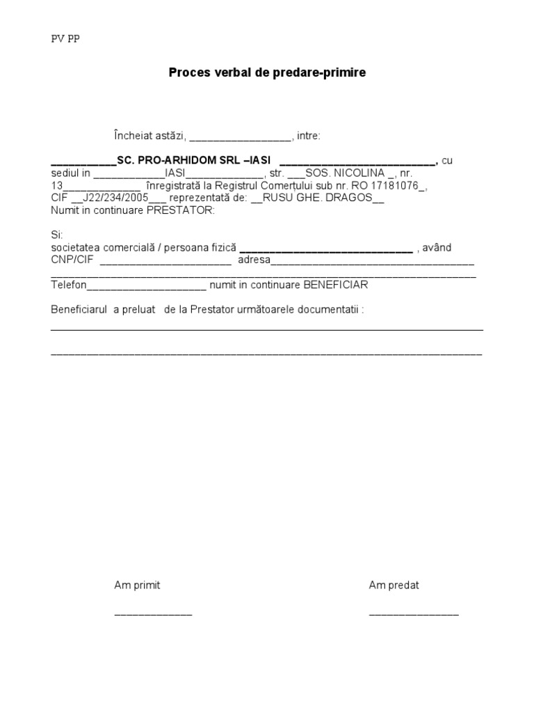 Proces Verbal Predare Primire | PDF