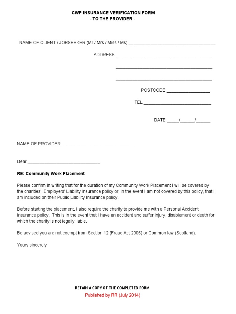 CWP Insurance Verification Form | PDF | Liability Insurance | Legal ...