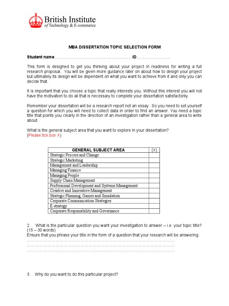 Dissertation Topic Selection Form | PDF | Strategic Management | Thesis
