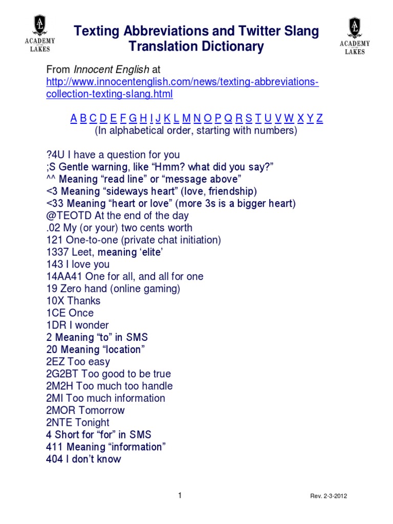 Text Abbreviations and Twitter Slang Translation Dictionary 2-4-2012 ...