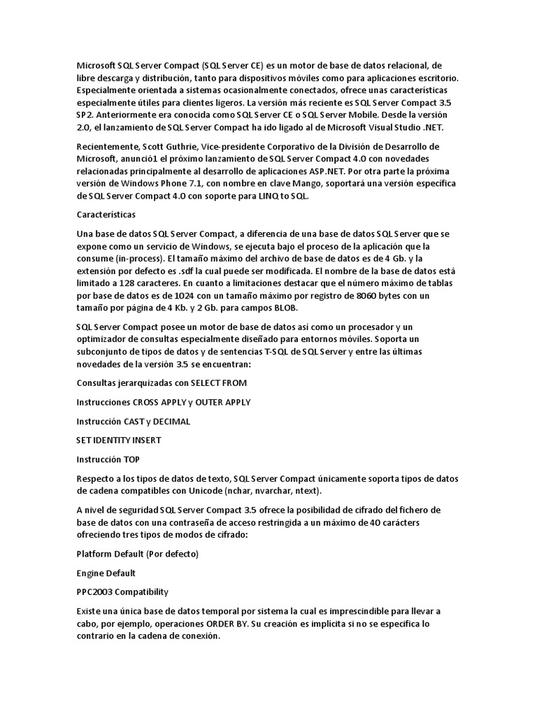 Microsoft SQL Server Compact | PDF | Software de Microsoft | Bases de datos