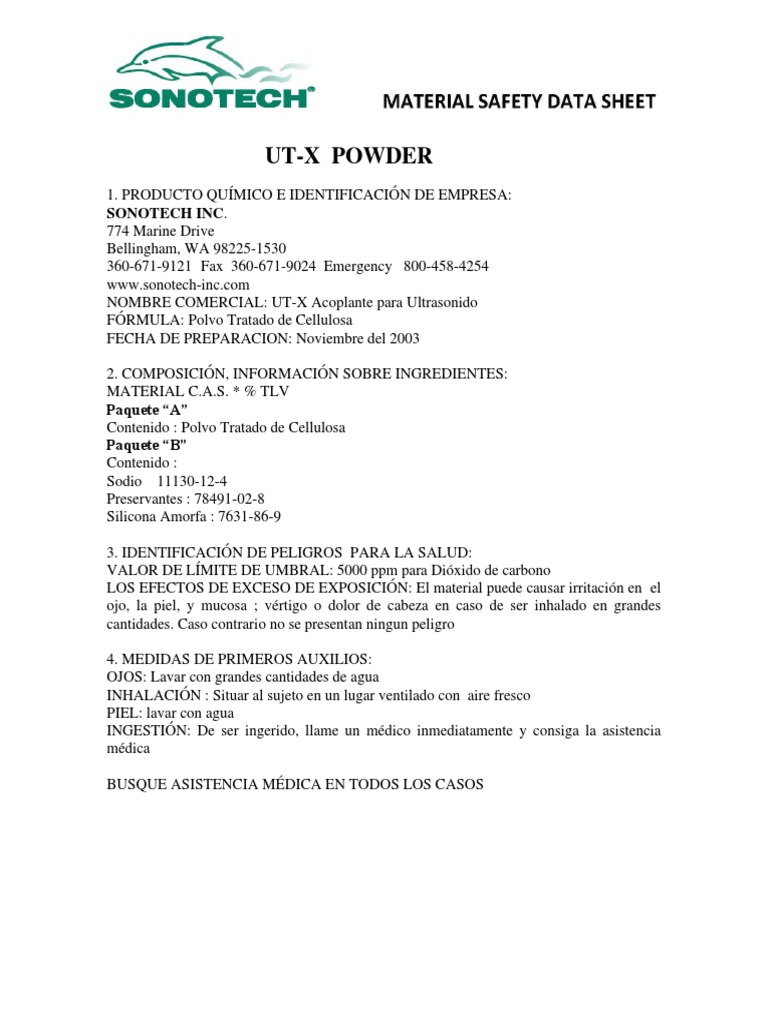 UT-X Powder Safety Data Sheet | PDF | Sodio | Agua