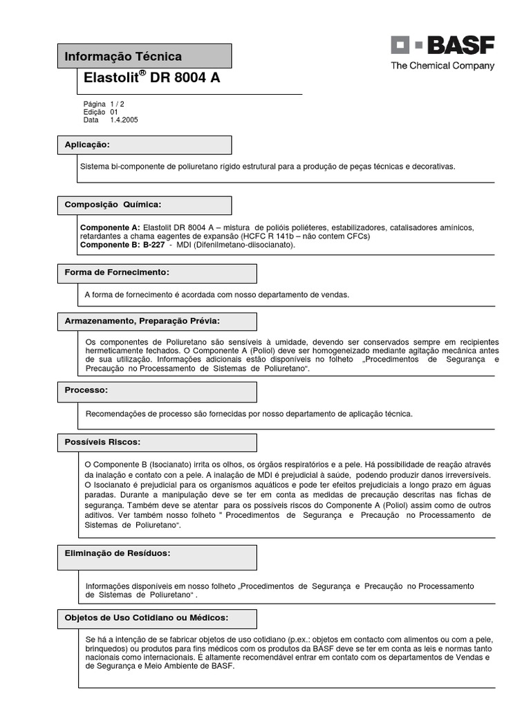 Ficha Técnica - Elastolit DR 8004 BR | PDF | Poliuretano | Tempo