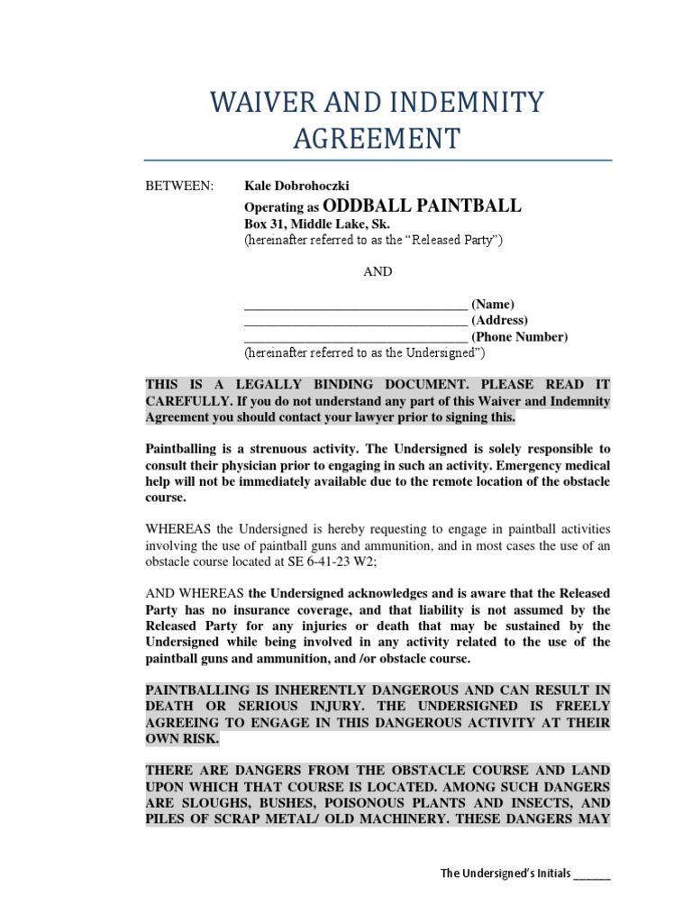 Paintball Waiver and Release of Indemnity Agreement | PDF | Private Law ...