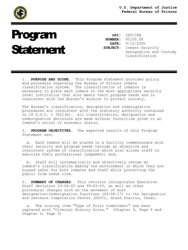 Inmate Security Classification Policy | PDF
