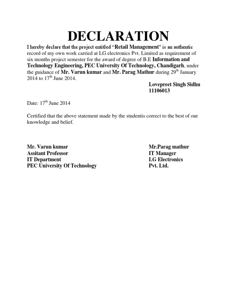 Declaration: Technology Engineering, PEC University of Technology ...
