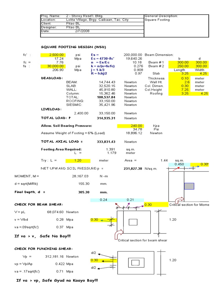 Squre Footing Design2 (WSD) | PDF | Beam (Structure) | Structural Engineering