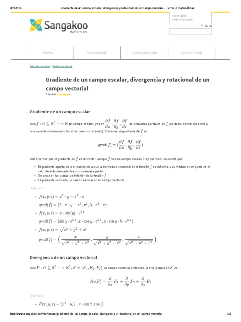 Gradiente de Un Campo Escalar, Divergencia y Rotacional de Un Campo ...