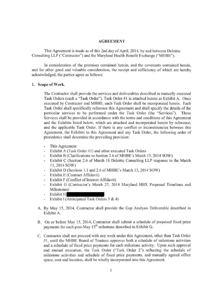 MHBE Deloitte Contract 040414 - Redacted | Surety Bond | Invoice